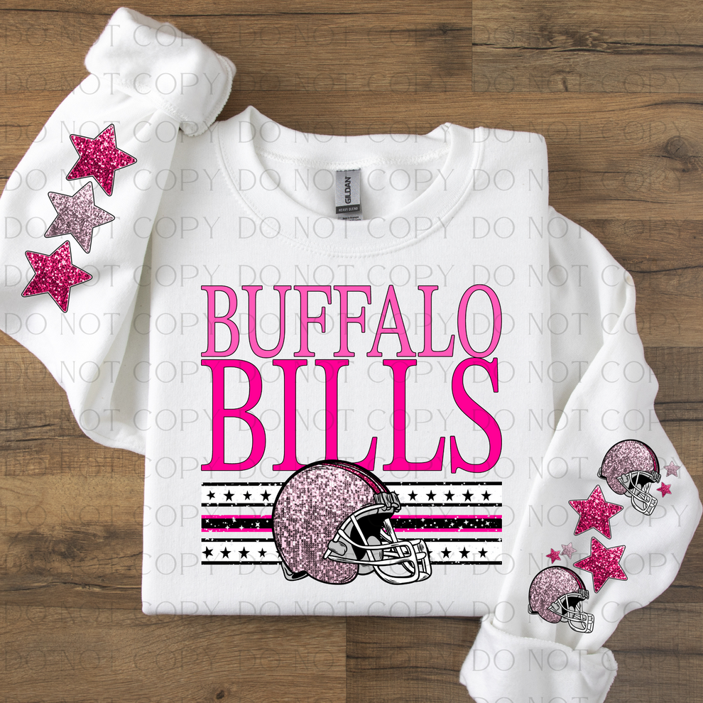 Buffalo Bills Pink with Two Sleeves Designs Faux Glitter DTF Transfer ...